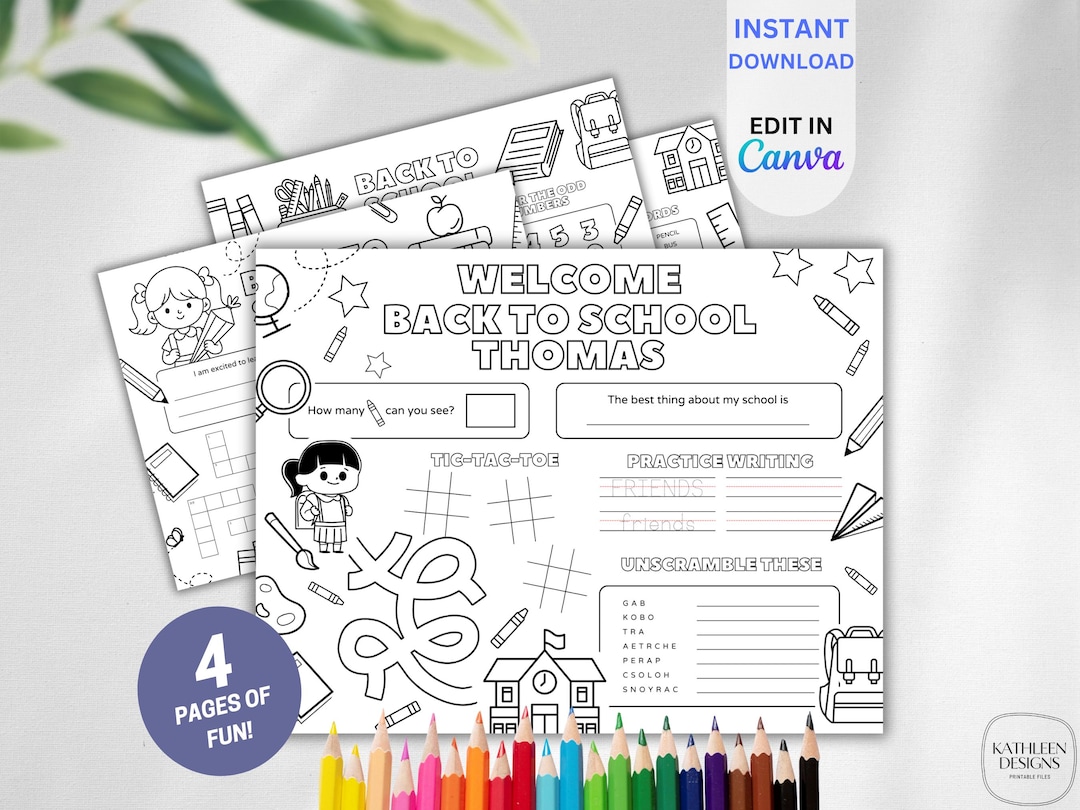 EDITABLE Coloring Sheet Back to School Activity Placemat, Personalized ...