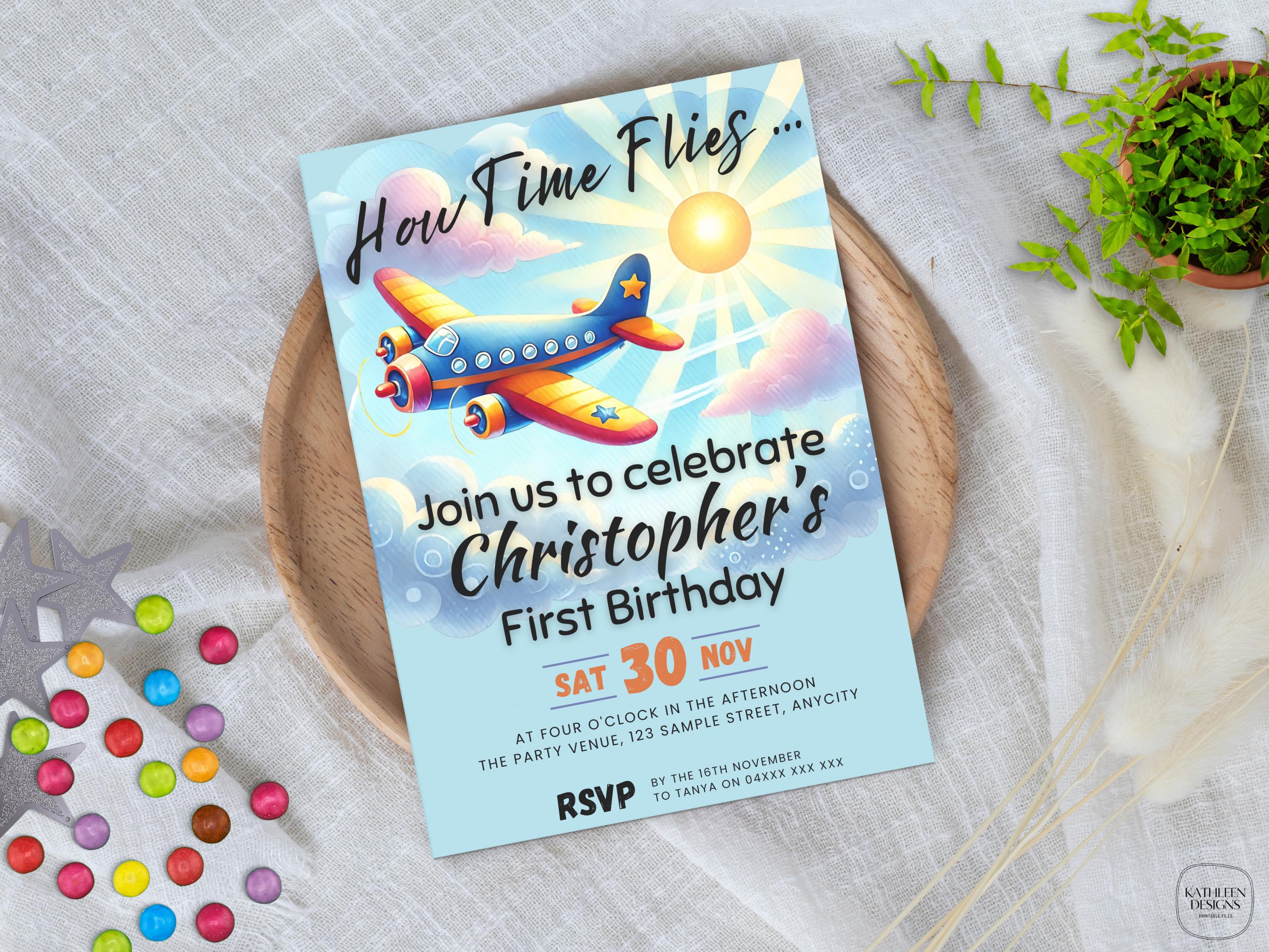 EDITABLE First Flight Birthday Invite, One Year Flew By, Flying Into ...