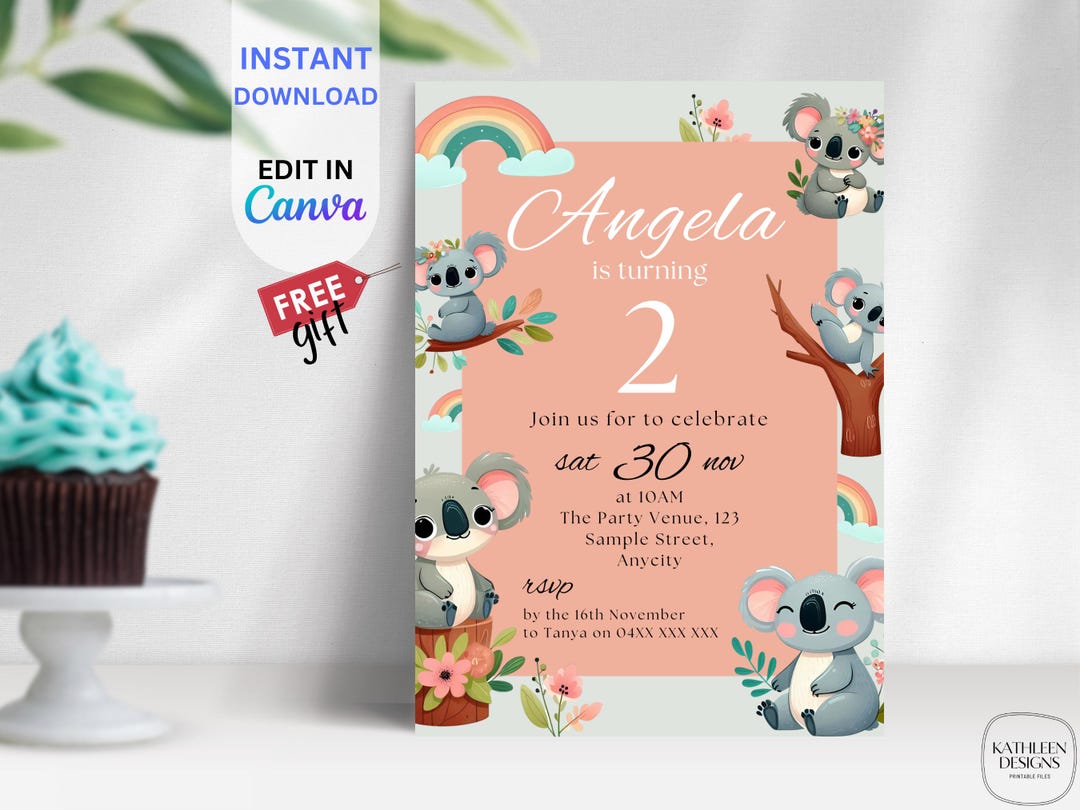 EDITABLE Australian Animal Birthday Invite, Cute Editable Koala ...
