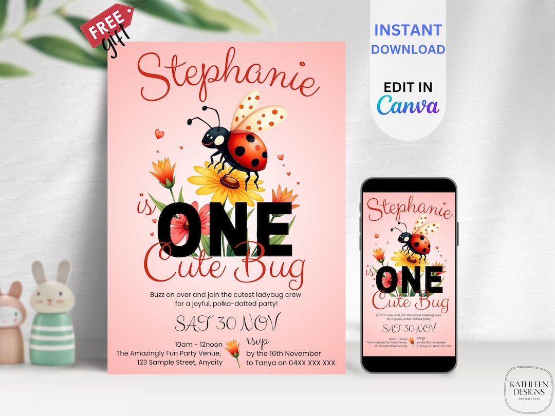EDITABLE One Cute Bug Birthday Invitation, Ladybug Invite, Editable ...
