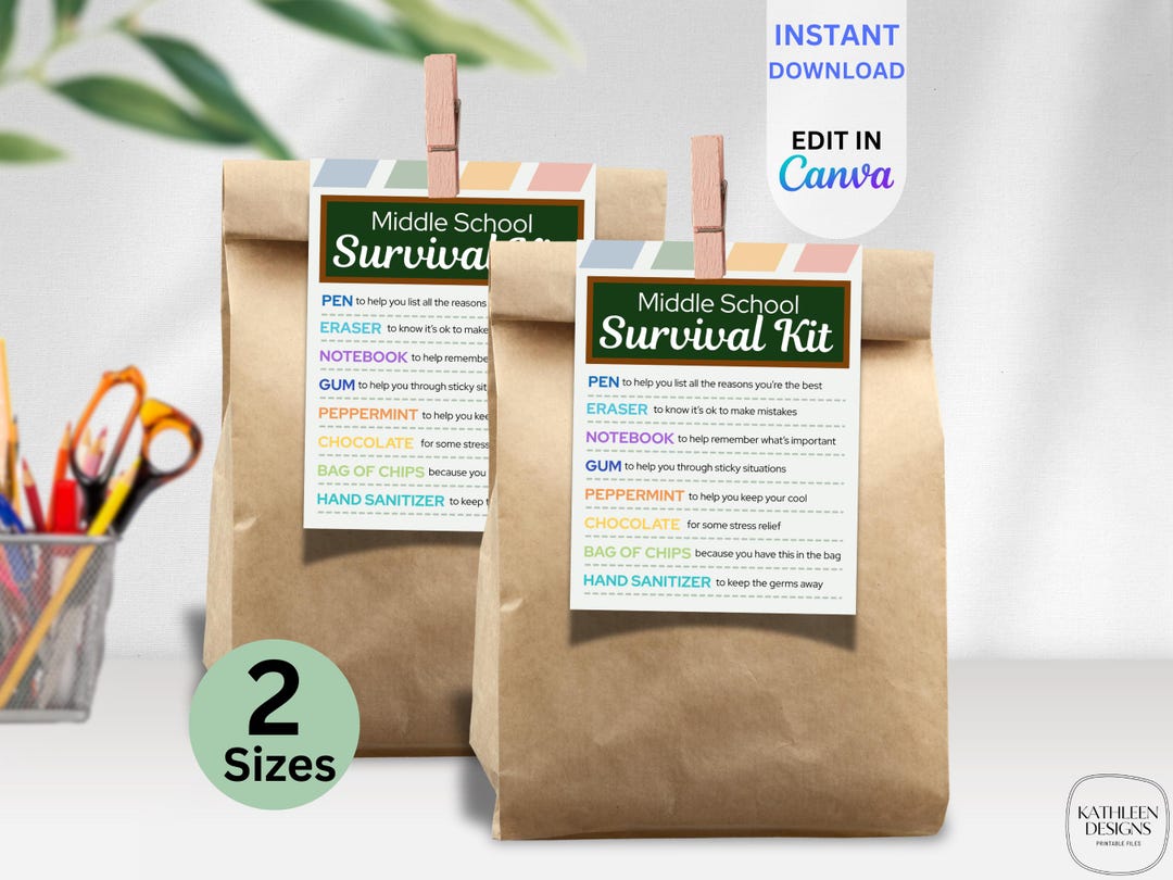 EDITABLE Middle School Survival Kit, Editable Gift Tags for Back to ...