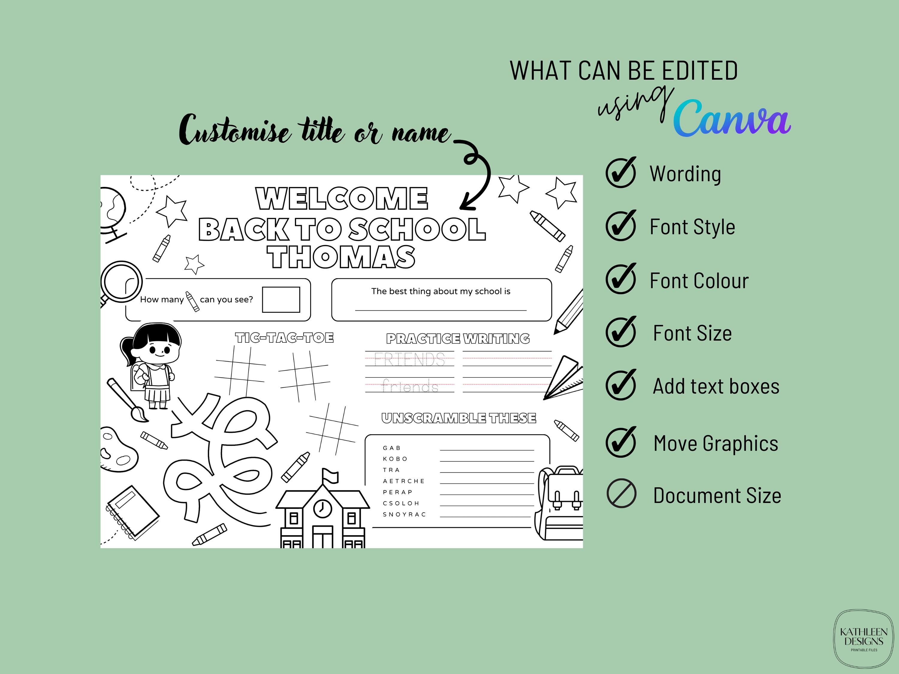EDITABLE Coloring Sheet Back to School Activity Placemat, Personalized ...