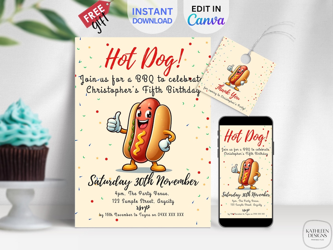 EDITABLE Hot Dog Party Invitation, Customizable DYI Kids Birthday ...