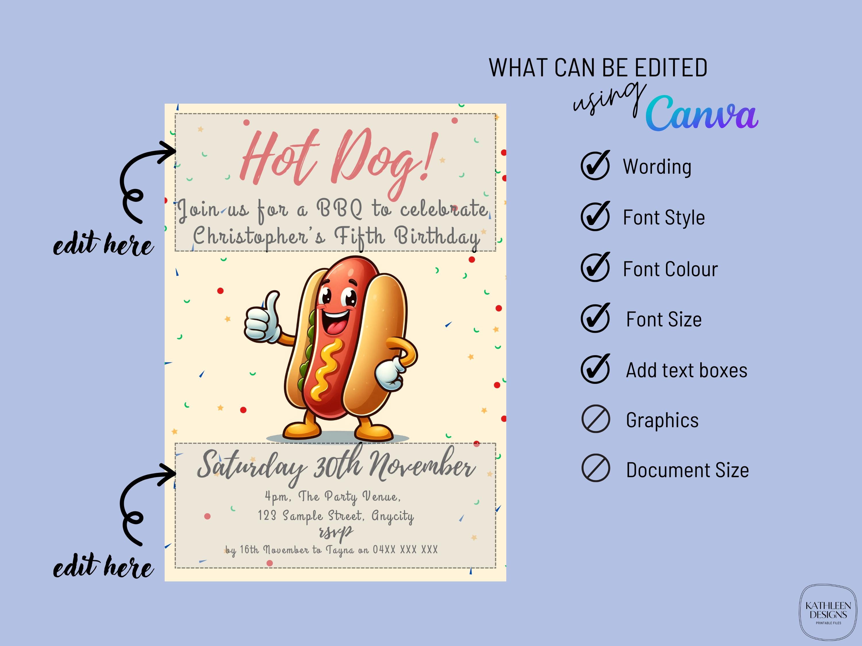 EDITABLE Hot Dog Party Invitation, Customizable Kids Birthday Template ...