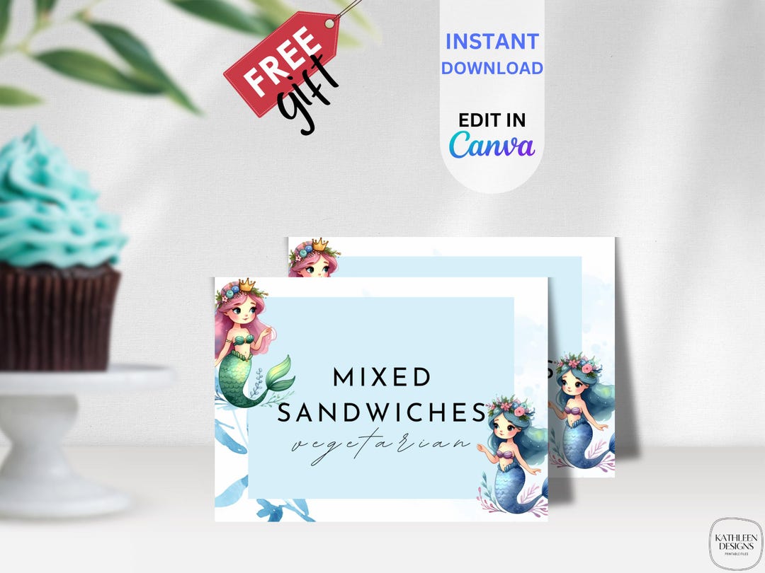 EDITABLE Mermaid Birthday Food Tent Card, Food Label, Buffet Label Card ...