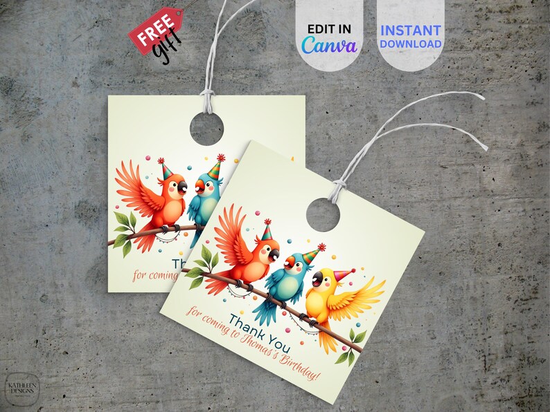 EDITABLE Parrot Birthday Thank You Tags, Jungle Bird Party, Digital ...