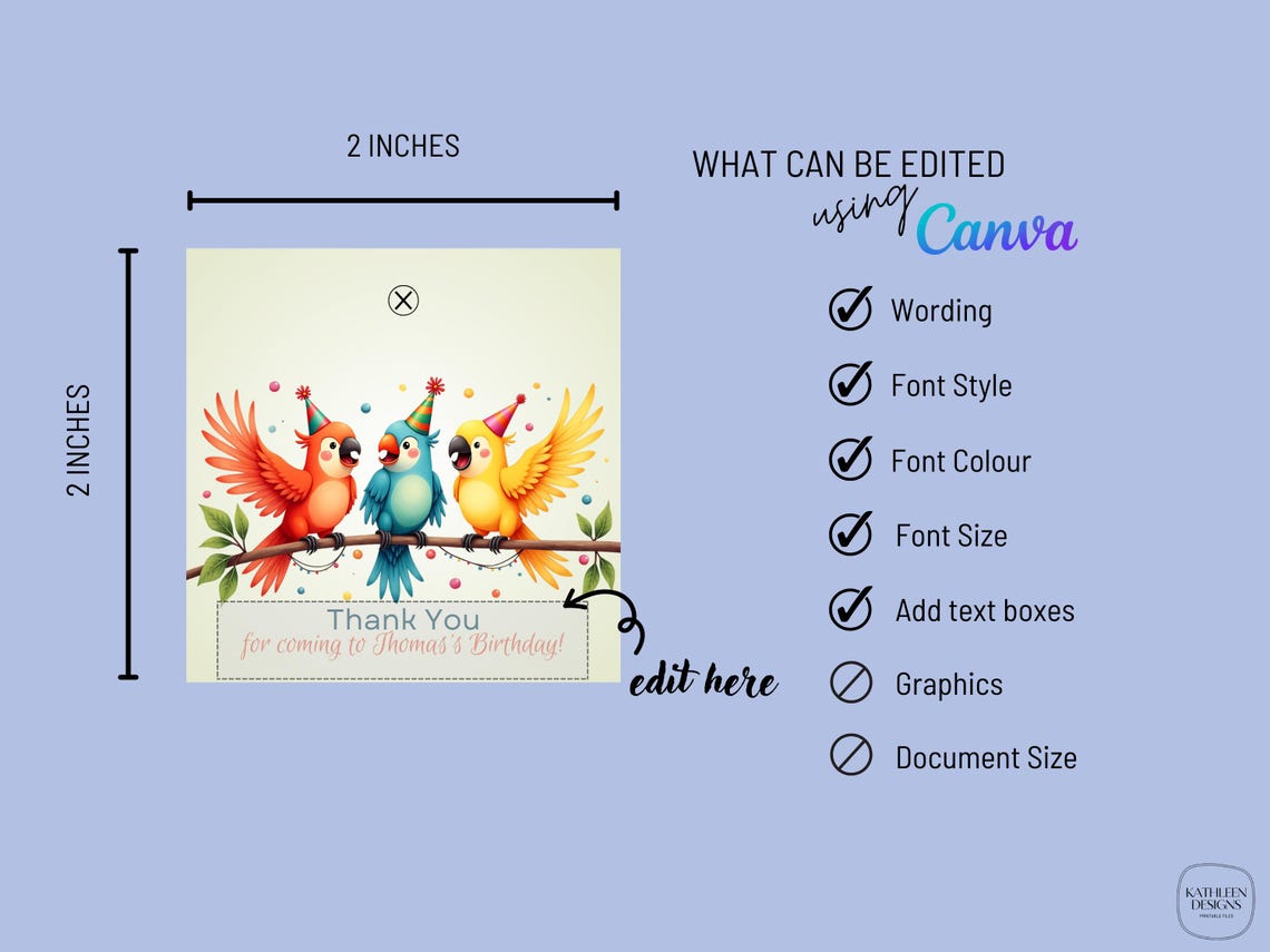 EDITABLE Parrot Birthday Thank You Tags, Jungle Bird Party, Digital ...