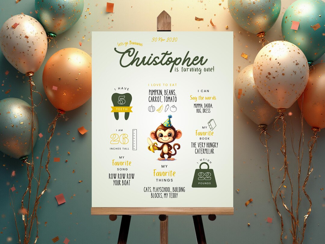 EDITABLE Lets Go Bananas First Birthday Milestone Board, Cheeky Monkey ...