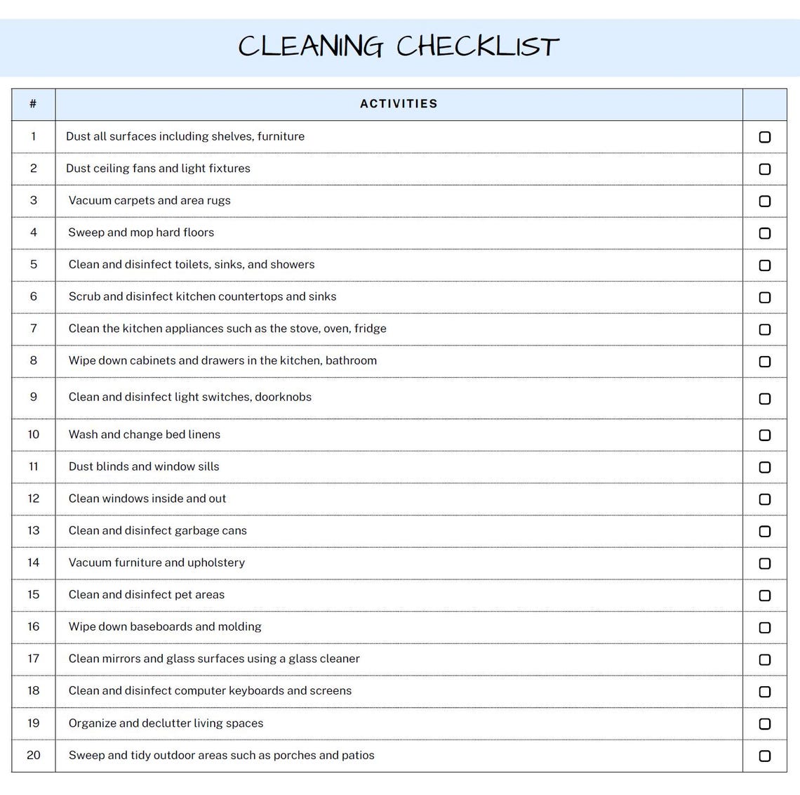 Cleaning, Cleaning Chart, Cleaning Checklist, Checklist - Etsy
