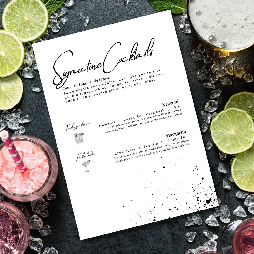 Printable Signature Cocktail Menu for Weddings & Parties Customisable ...