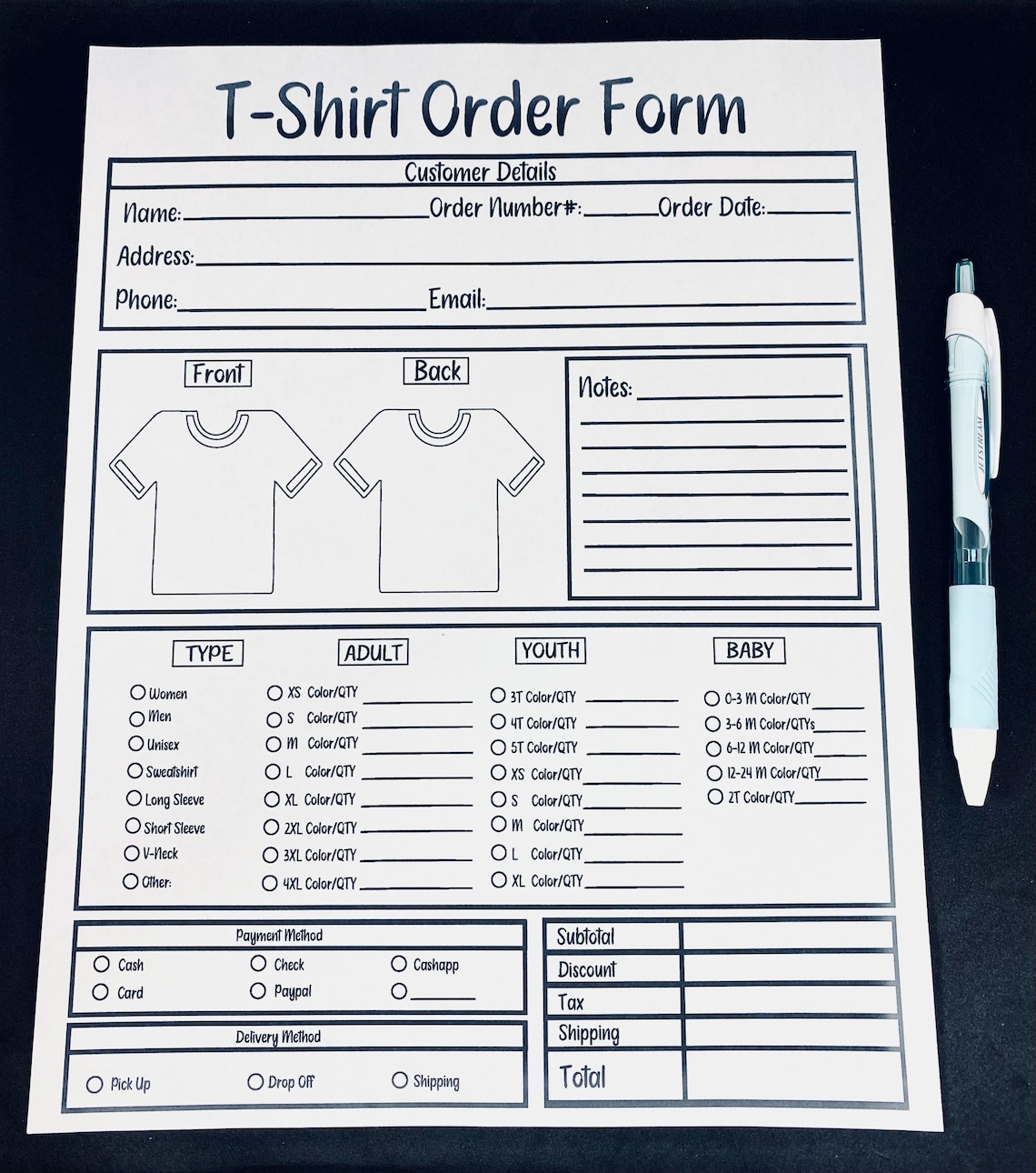 T-shirt Order Form PDF Template - Etsy