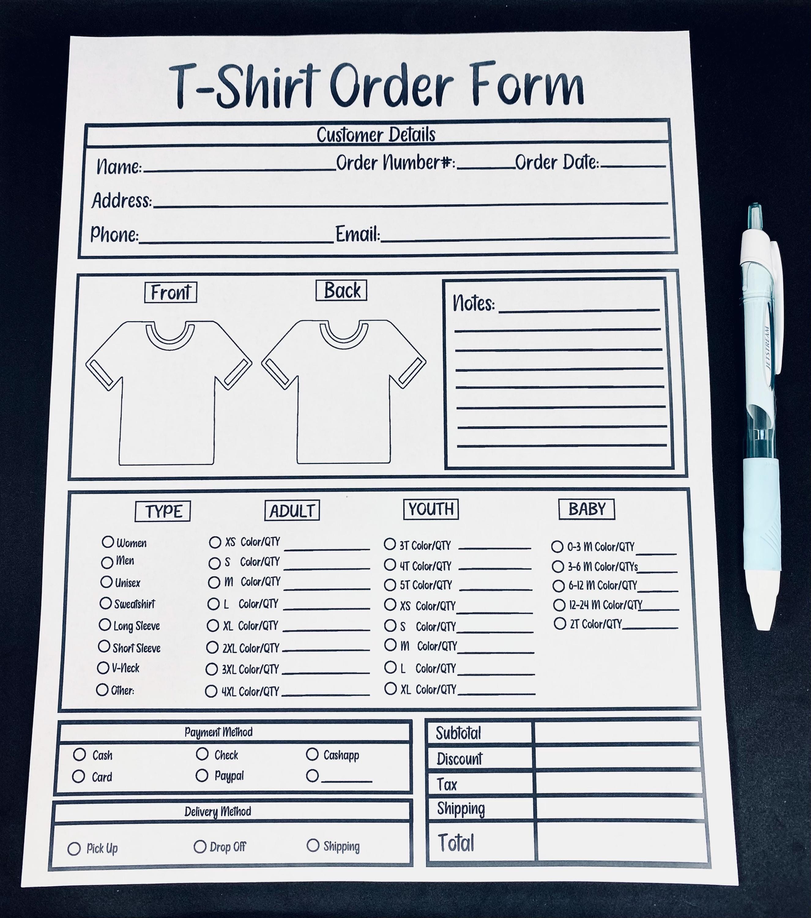 T-shirt Order Form PDF Template - Etsy