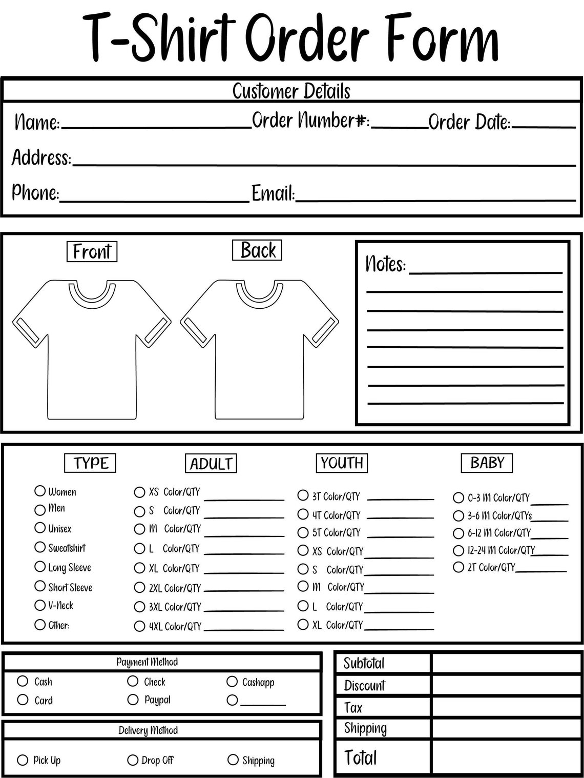 T-shirt Order Form PDF Template - Etsy
