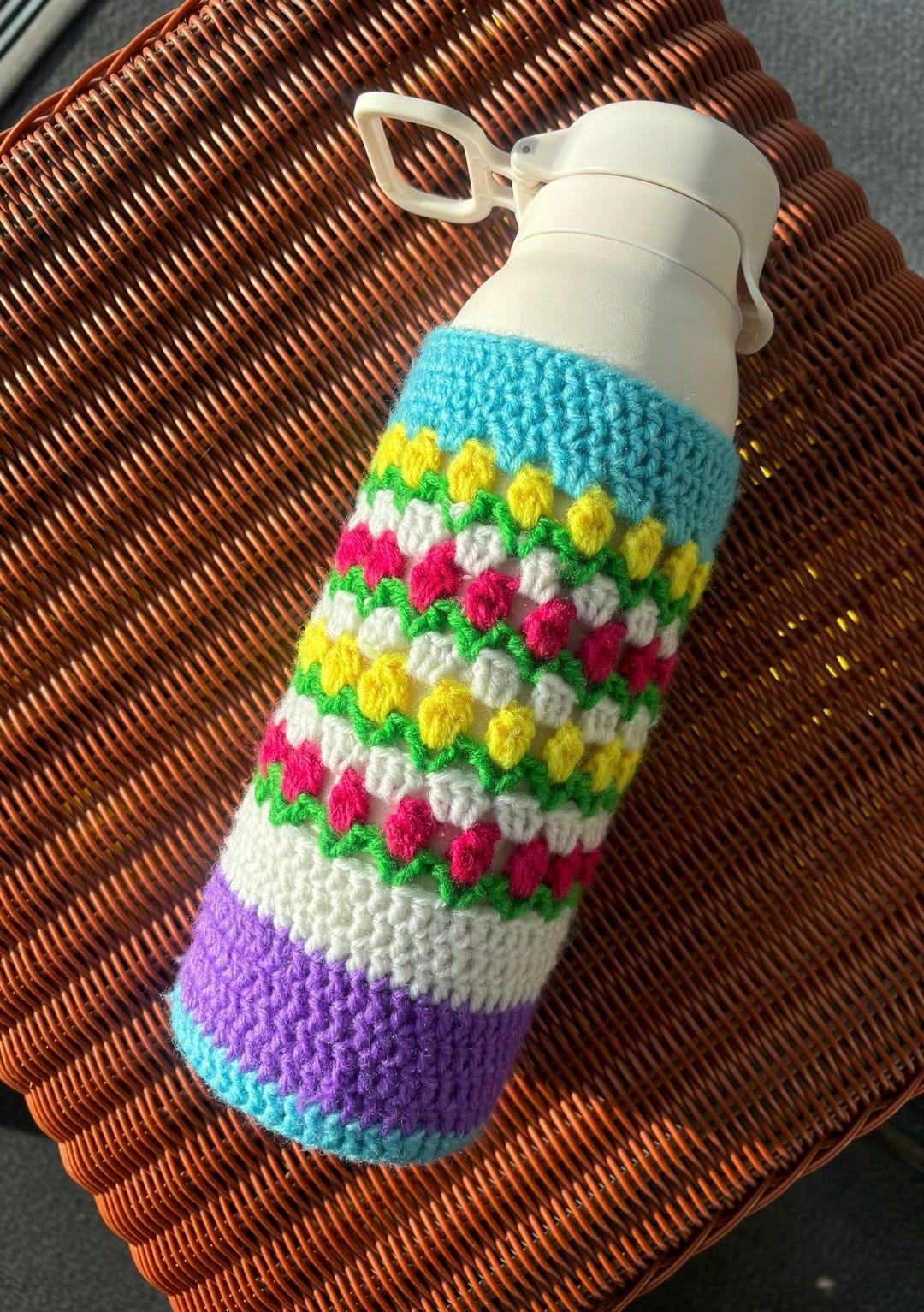 Crochet Water Bottle Cover Colorful Cute Tulip Flowers Custom Gift Wine ...