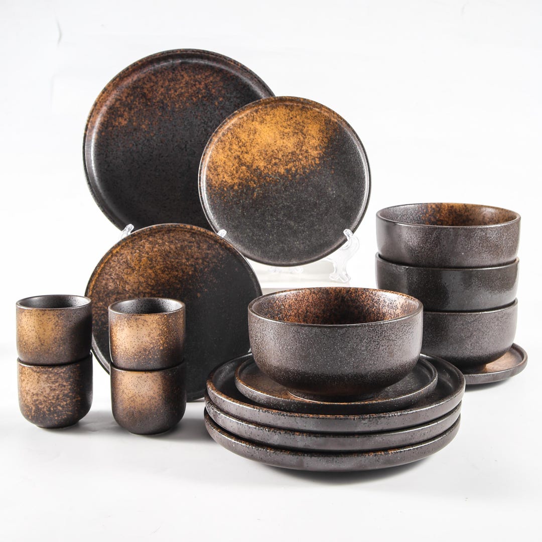 16 Piece Stoneware Dinnerware Set Artistic Plates, Bowls, Mugs ...