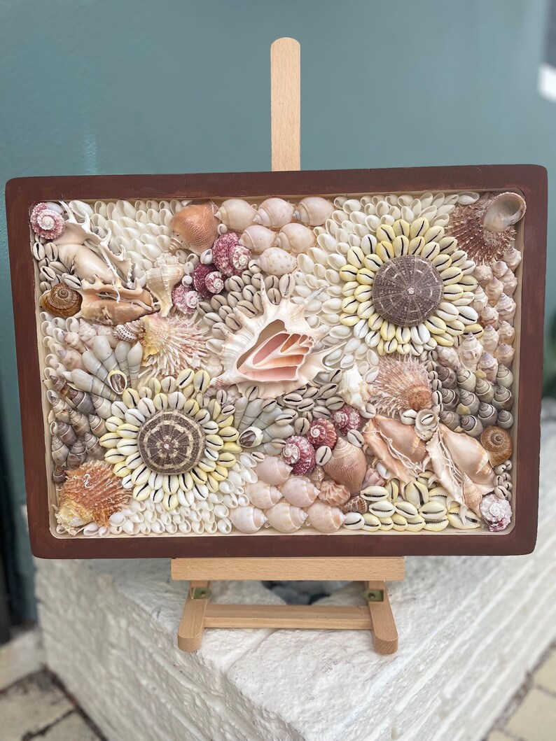 Framed Seashell Wall Mosaic Natural Sea Shells Coastal Nautical Wall ...