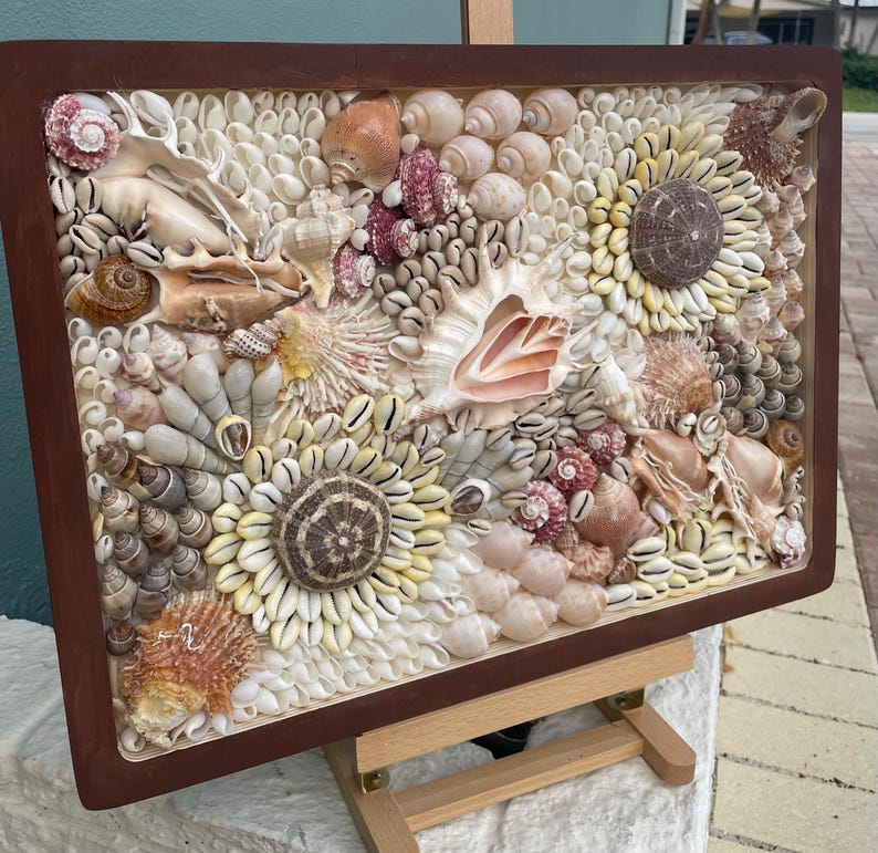 Framed Seashell Wall Mosaic Natural Sea Shells Coastal Nautical Wall ...