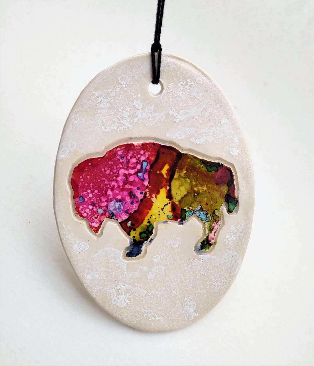 Buffalo Pottery Ornament – Painted Bison – Animal Art – Alcohol Ink ...