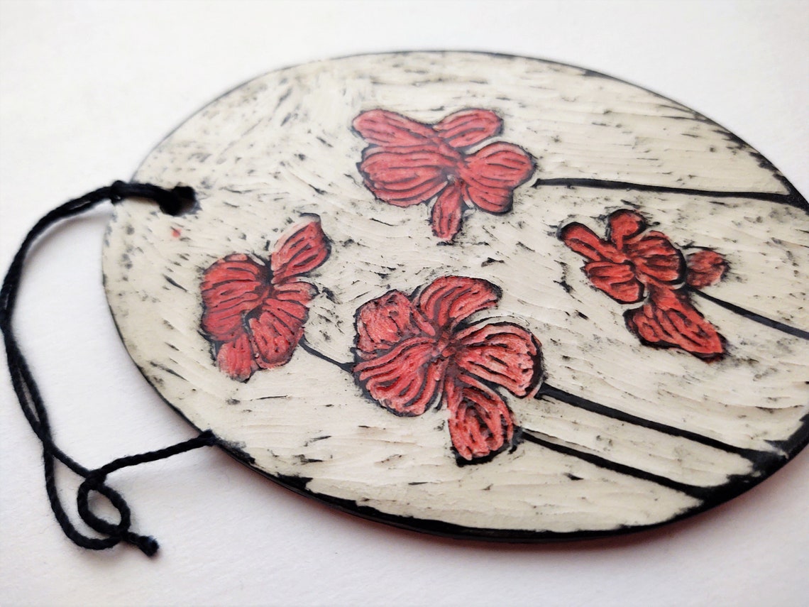 Ceramic Poppies Ornament – Red Flower Decoration – Sgraffito Pottery ...