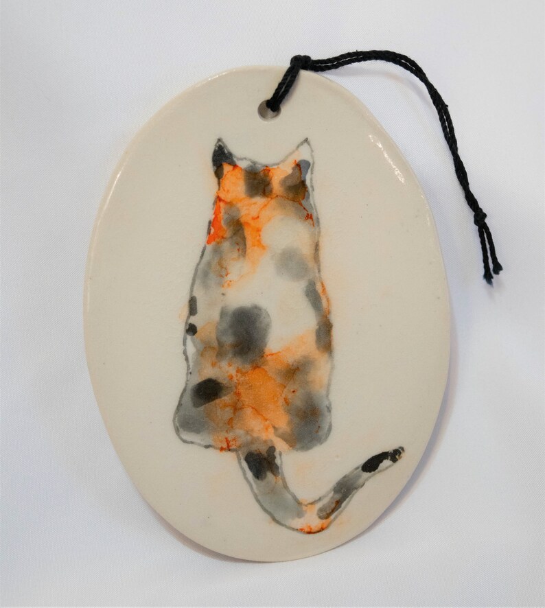 Calico Cat Ornament – Alcohol Ink Painting – Fine Art Ceramics - Orange ...