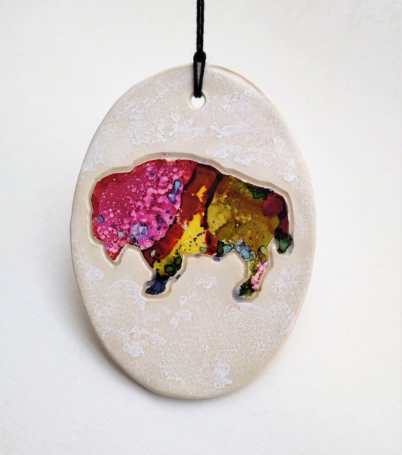 Buffalo Pottery Ornament – Painted Bison – Animal Art – Alcohol Ink ...