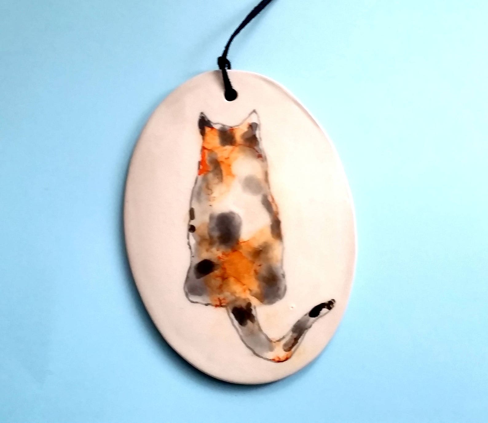 Calico Cat Ornament – Alcohol Ink Painting – Fine Art Ceramics - Orange ...