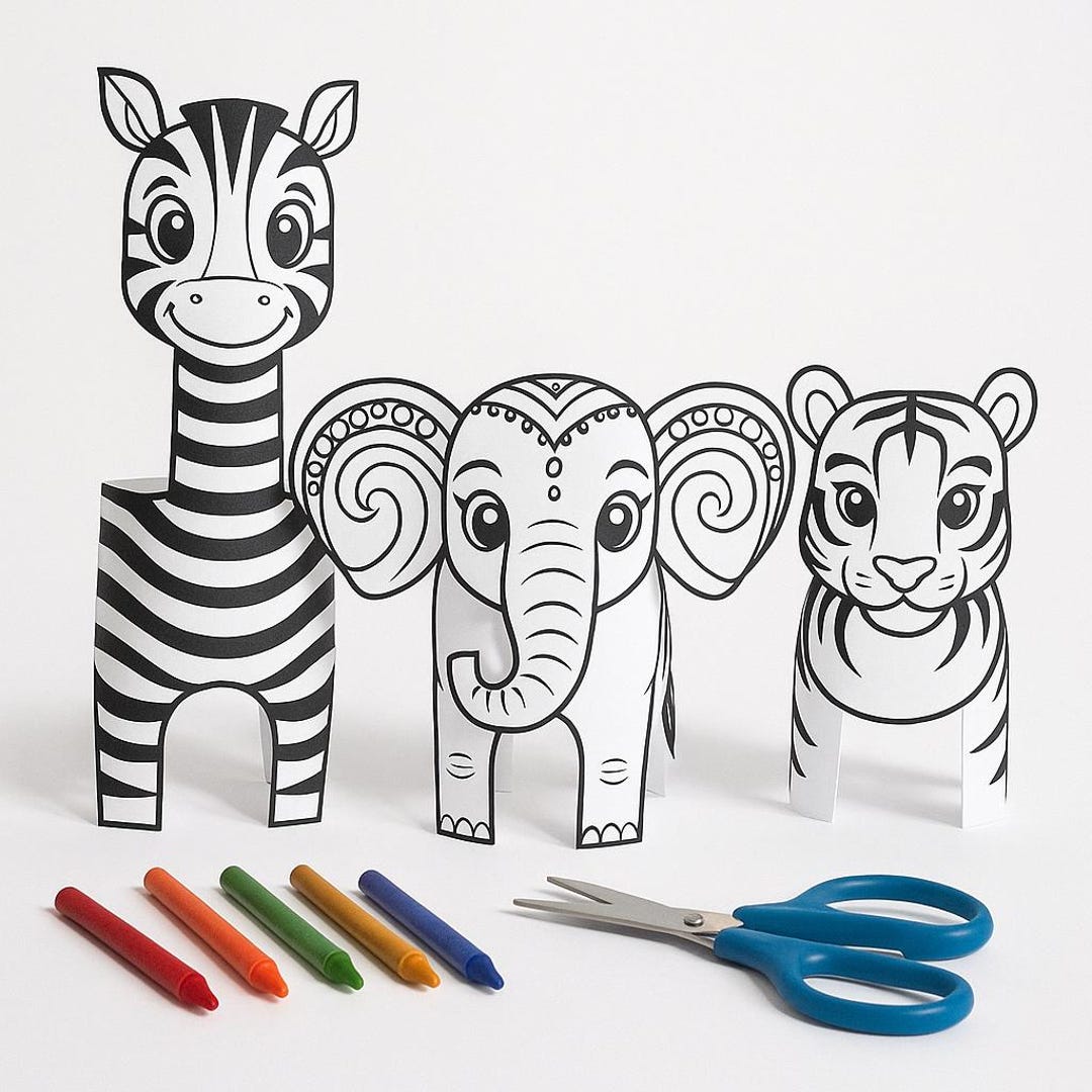 Printable Jungle Animal Paper Craft DIY Activity for Kids Cut and Color ...
