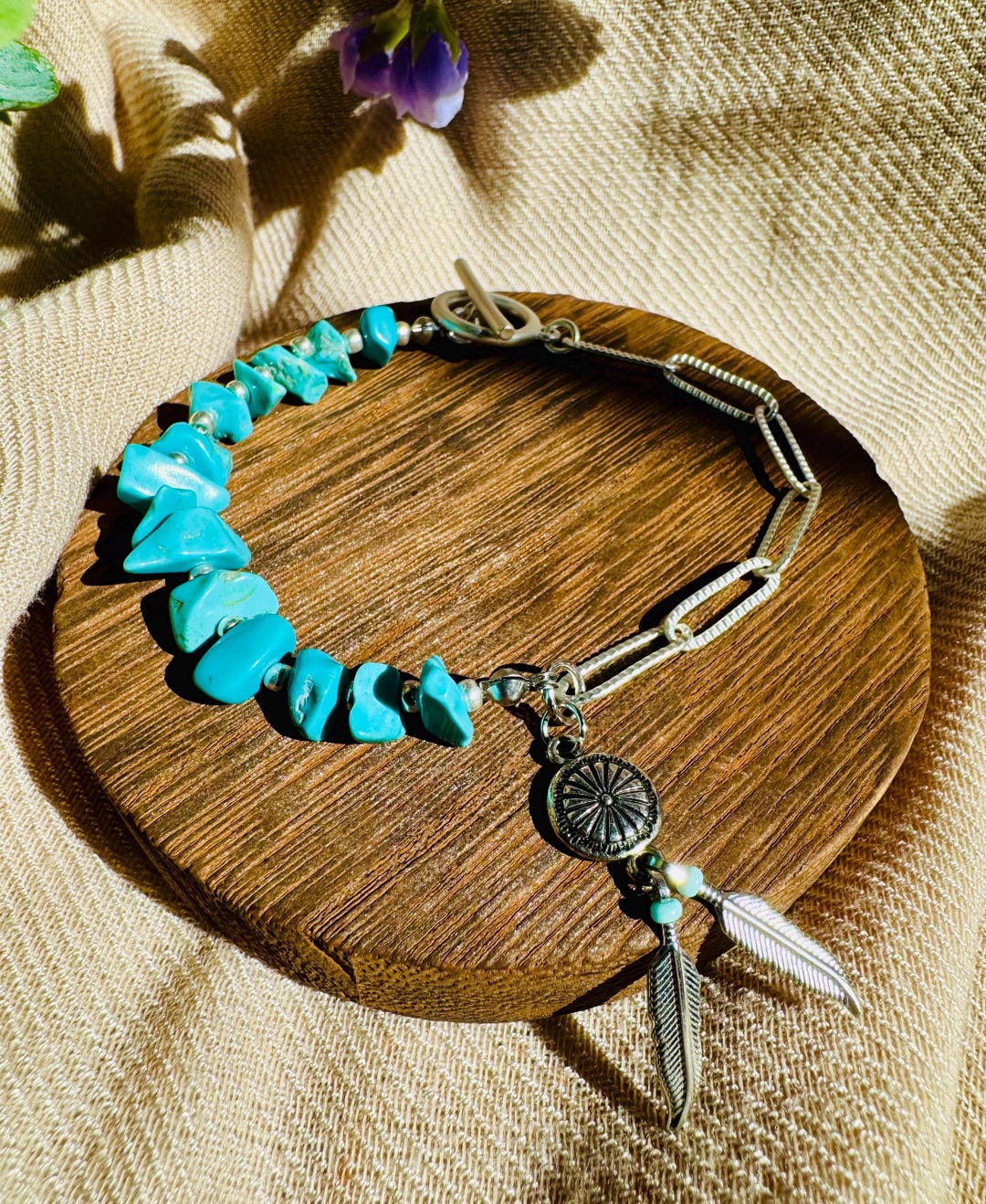 Turquoise Style Wagnerite Stone Bracelet With Silver Chain & Feather ...