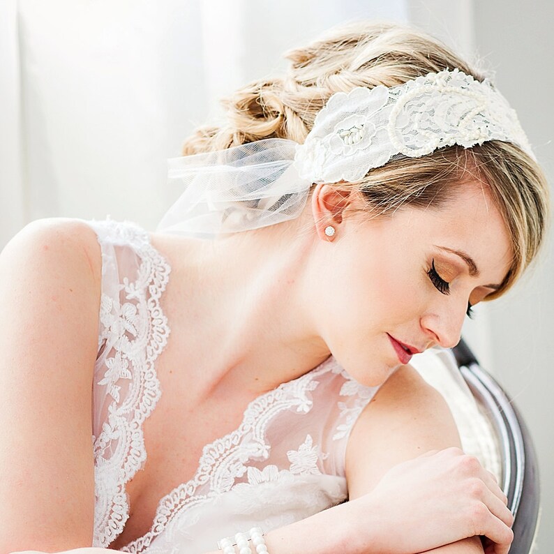 Ivory Pearl And Vintage Lace And Tulle Bridal Headpiece Etsy