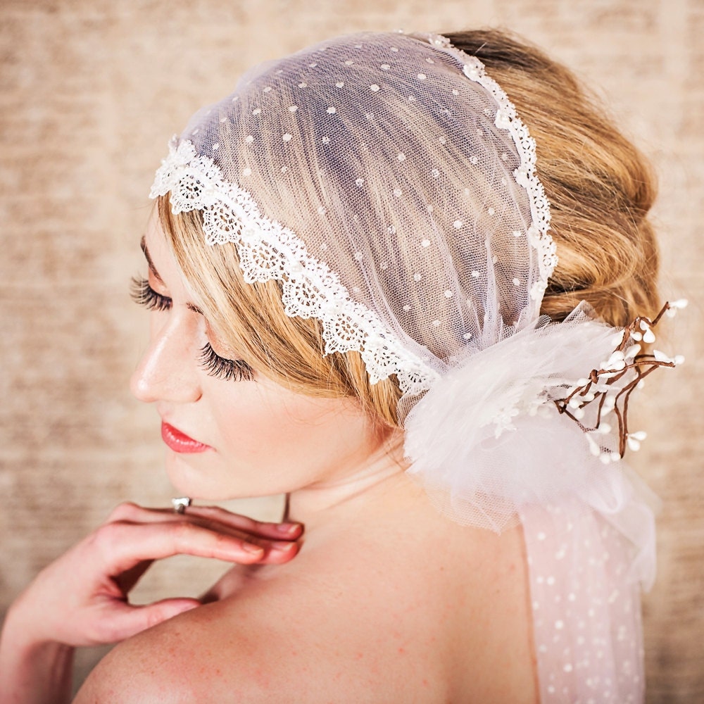 Polka Dot Tulle Lace Head Wrap Veil With Flower Hair Clip - Etsy