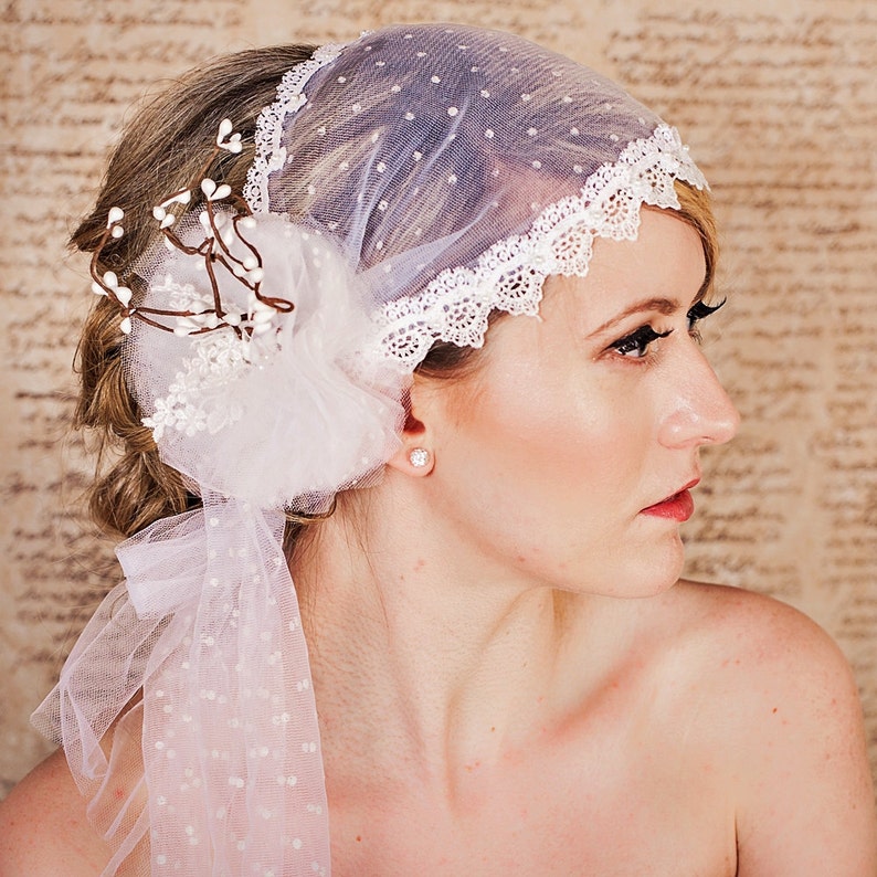 Polka Dot Tulle Lace Head Wrap Veil With Flower Hair Clip - Etsy