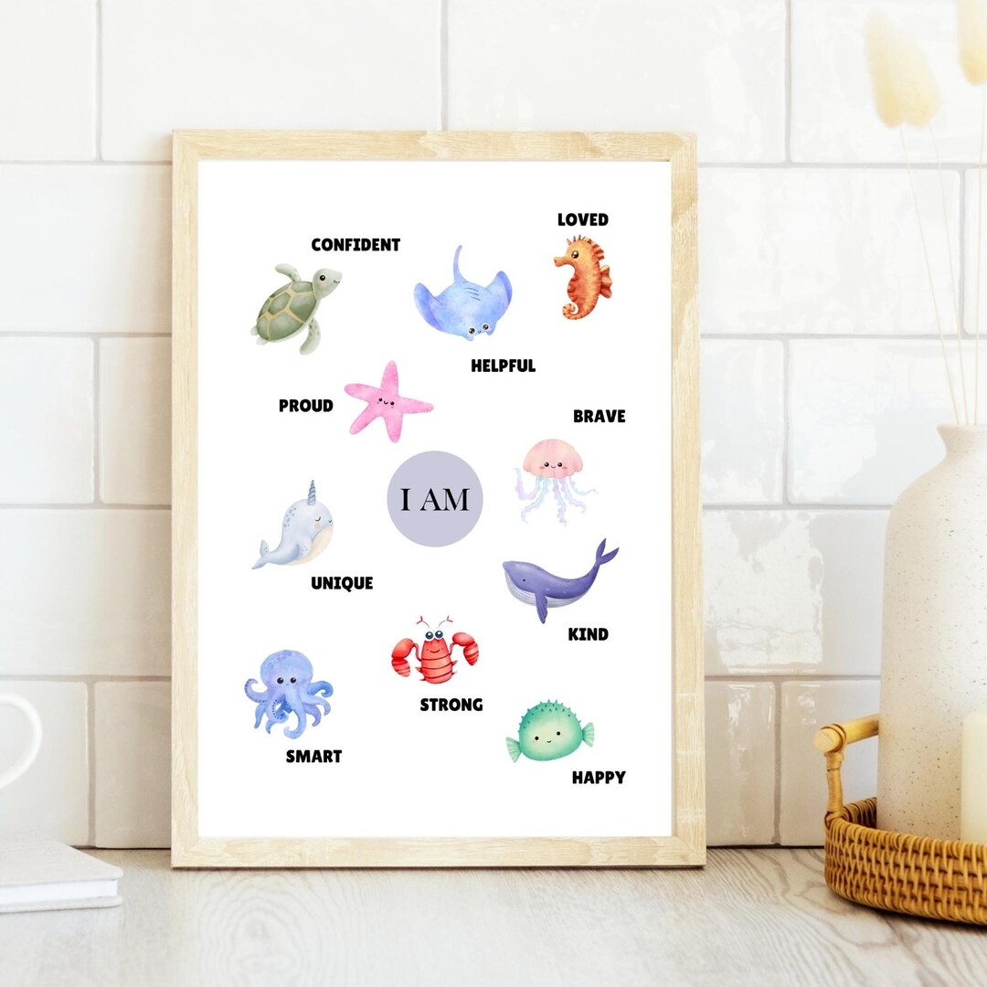 Kids Affirmation Poster I Am Positive Words Wall Art Ocean Animal ...