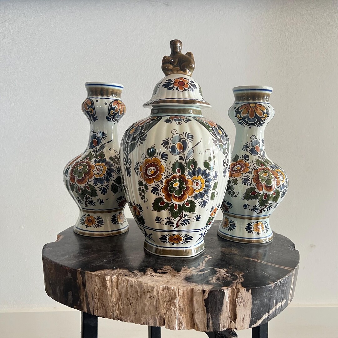 Delft Blue Cupboard Set Vintage Delftware 3 Vases & 1 Plate Hand ...