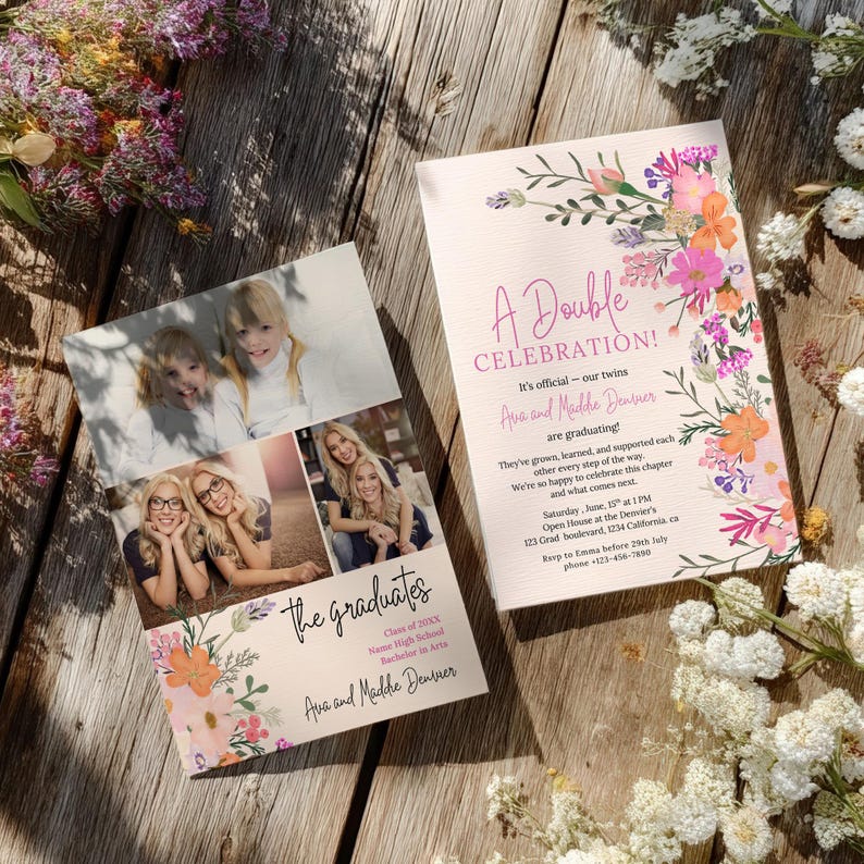 Boho Wildflower Twins Graduation Announcement, Joint Double Invitation ...