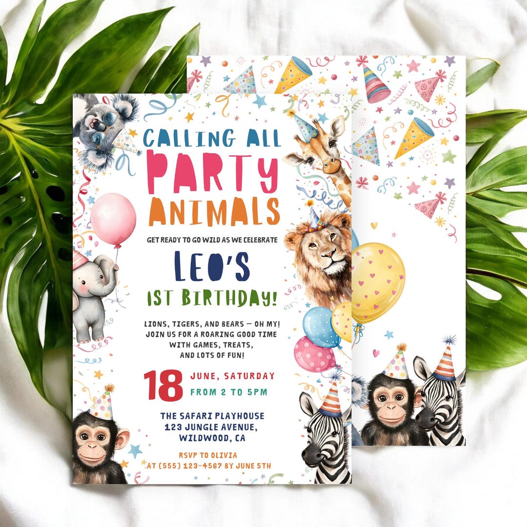 Printable Party Animals Invitation, Safari 1st Birthday, Jungle Theme ...