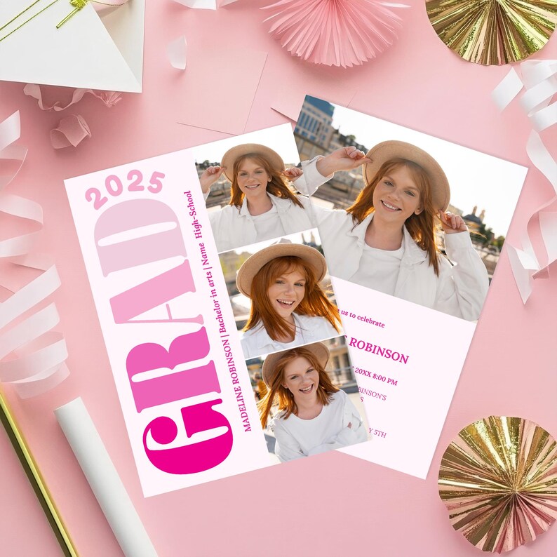 Retro Pink Graduation Photo Collage Invitation Announcement Template ...