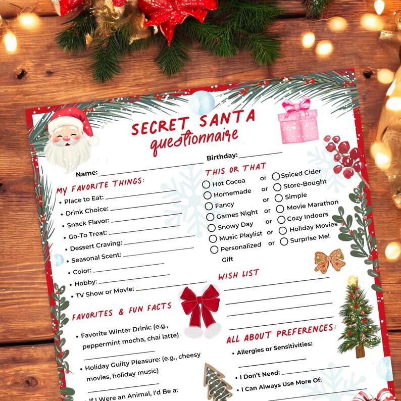 Festive Christmas Secret Santa Questionnaire Printable, Christmas Gift ...