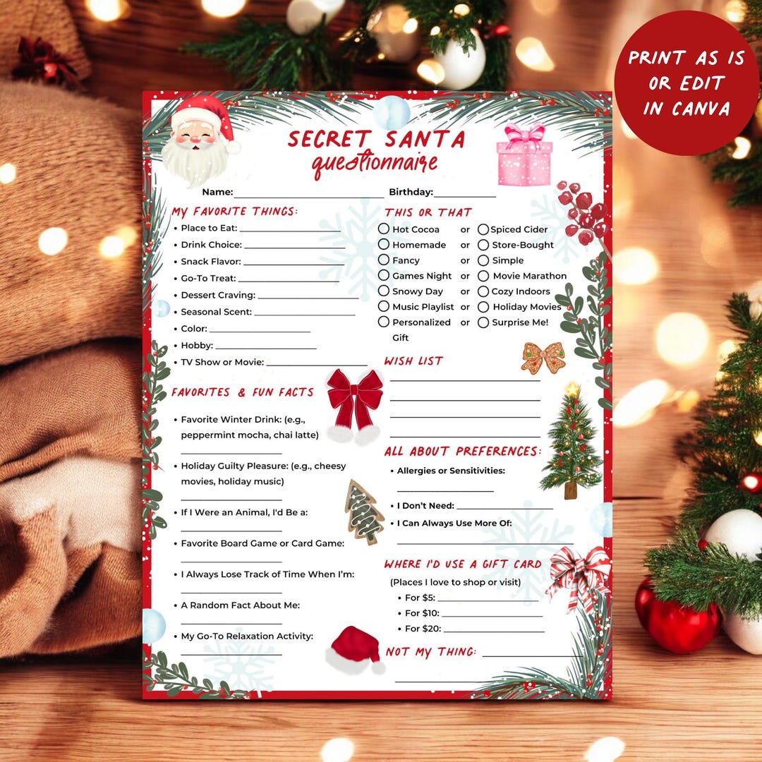Festive Christmas Secret Santa Questionnaire Printable, Christmas Gift ...