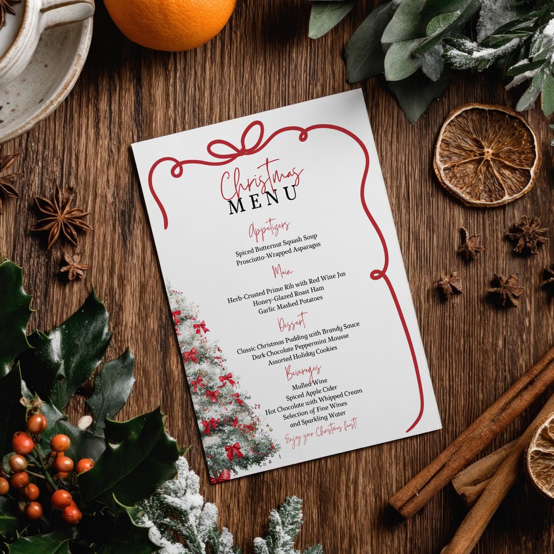 Christmas Menu Template: Hand-drawn Holiday Dinner, Red Coquette Bow ...