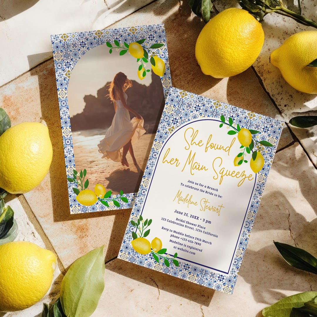 Printable Modern Lemon Blue Italian Tile Bridal Shower Invitation With ...