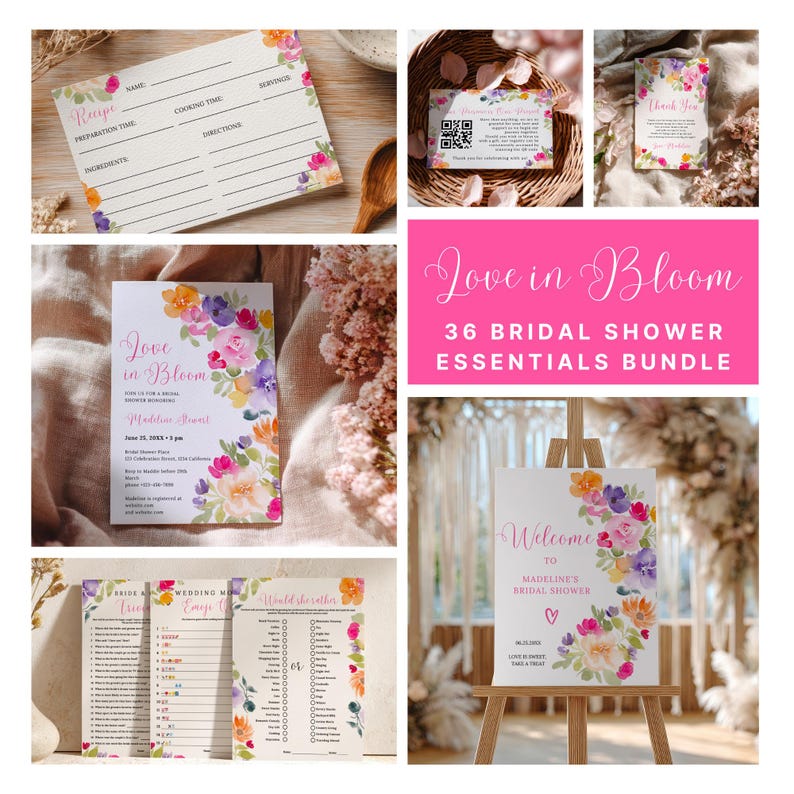 Boho Love in Bloom Bridal Shower Bundle: Hand-painted Floral Invitation ...