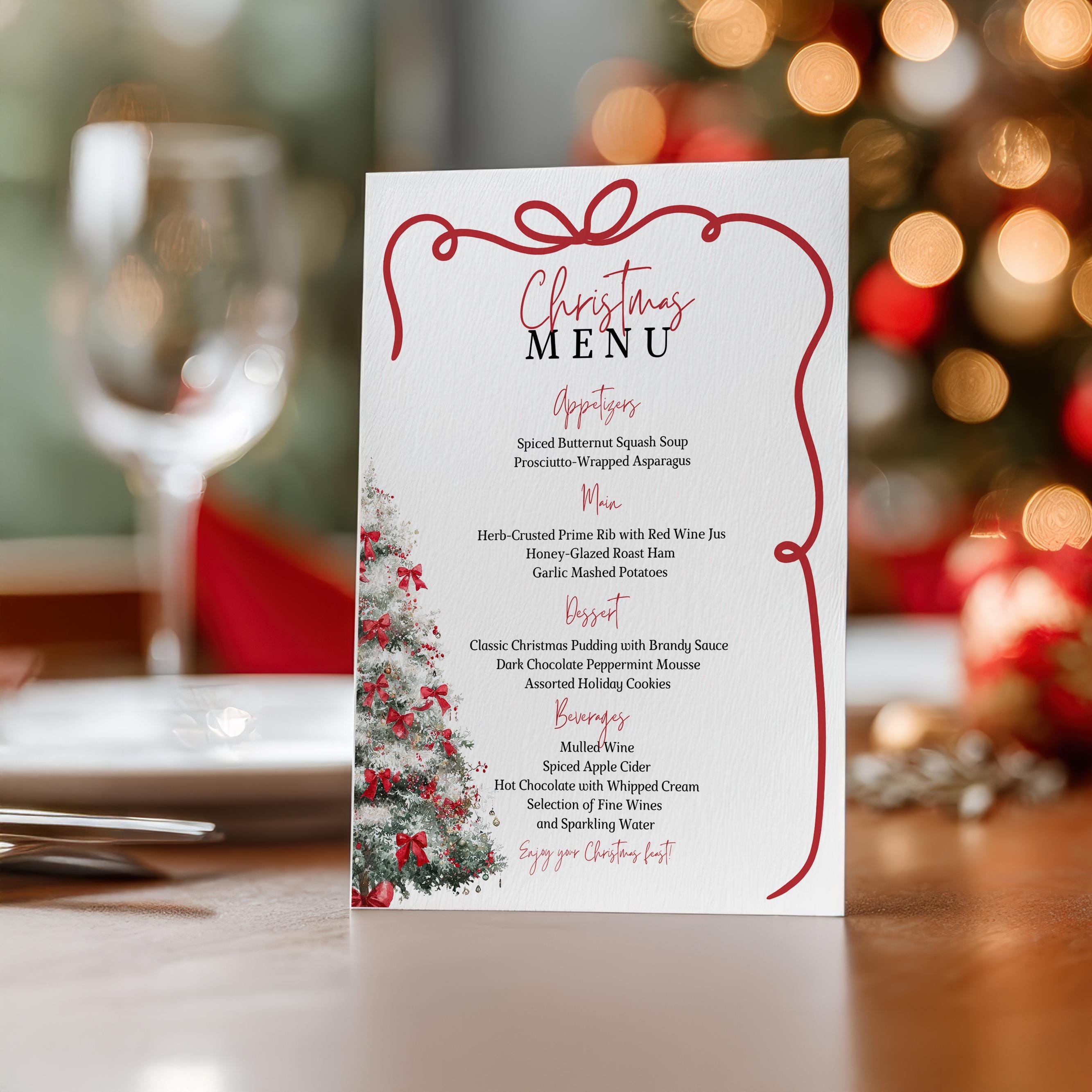 Christmas Menu Template: Hand-drawn Holiday Dinner, Red Coquette Bow ...