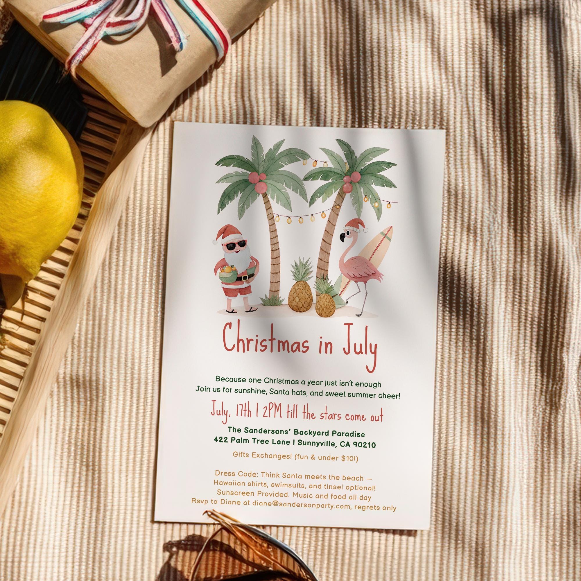 Printable Christmas in July Invitation – Fun Watercolor Surf Beach ...