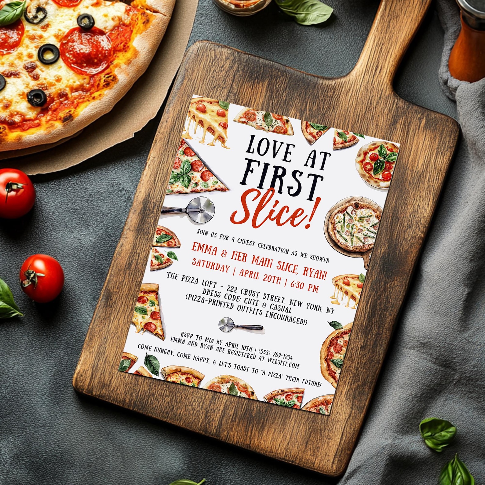 Love at First Slice Pizza Bridal Shower Invitation: Cheesy Couples ...