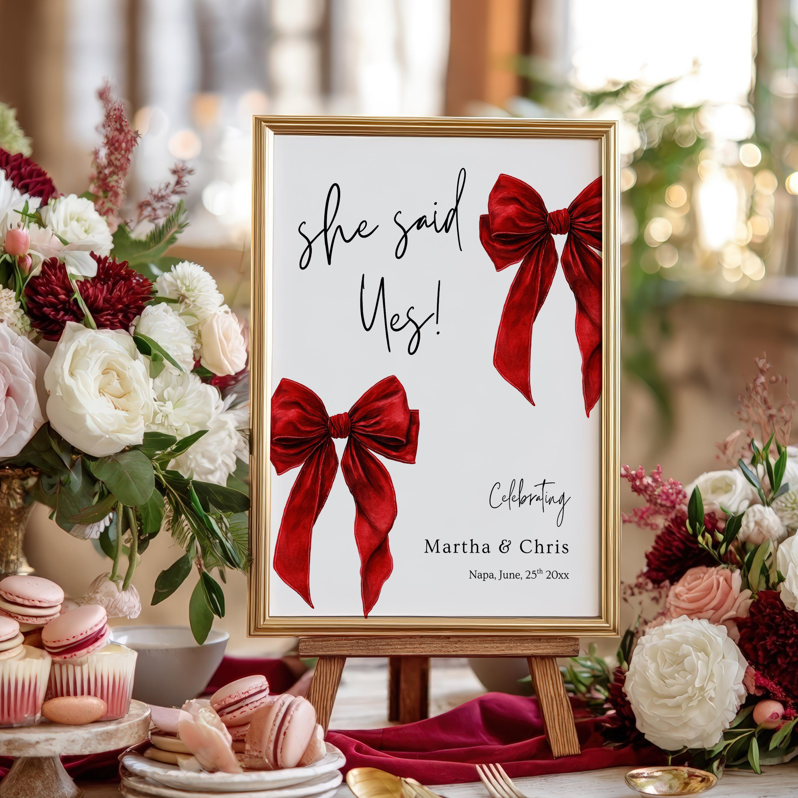 She Said Yes Engagement Party Welcome Sign | Red Velvet Coquette Bow ...