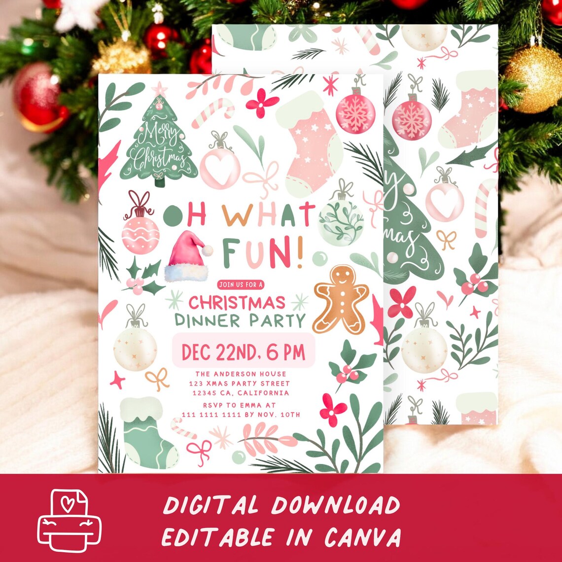 Oh What Fun Christmas Printable Invitation: Pink Christmas Whimsical ...