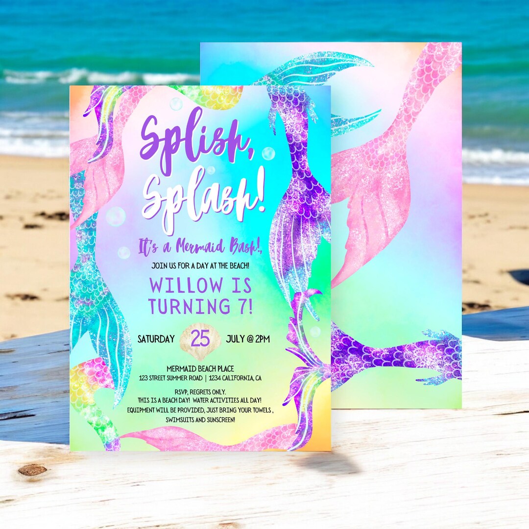 Splish Splash Mermaid Bash 7th Birthday Invitation Template, Editable ...