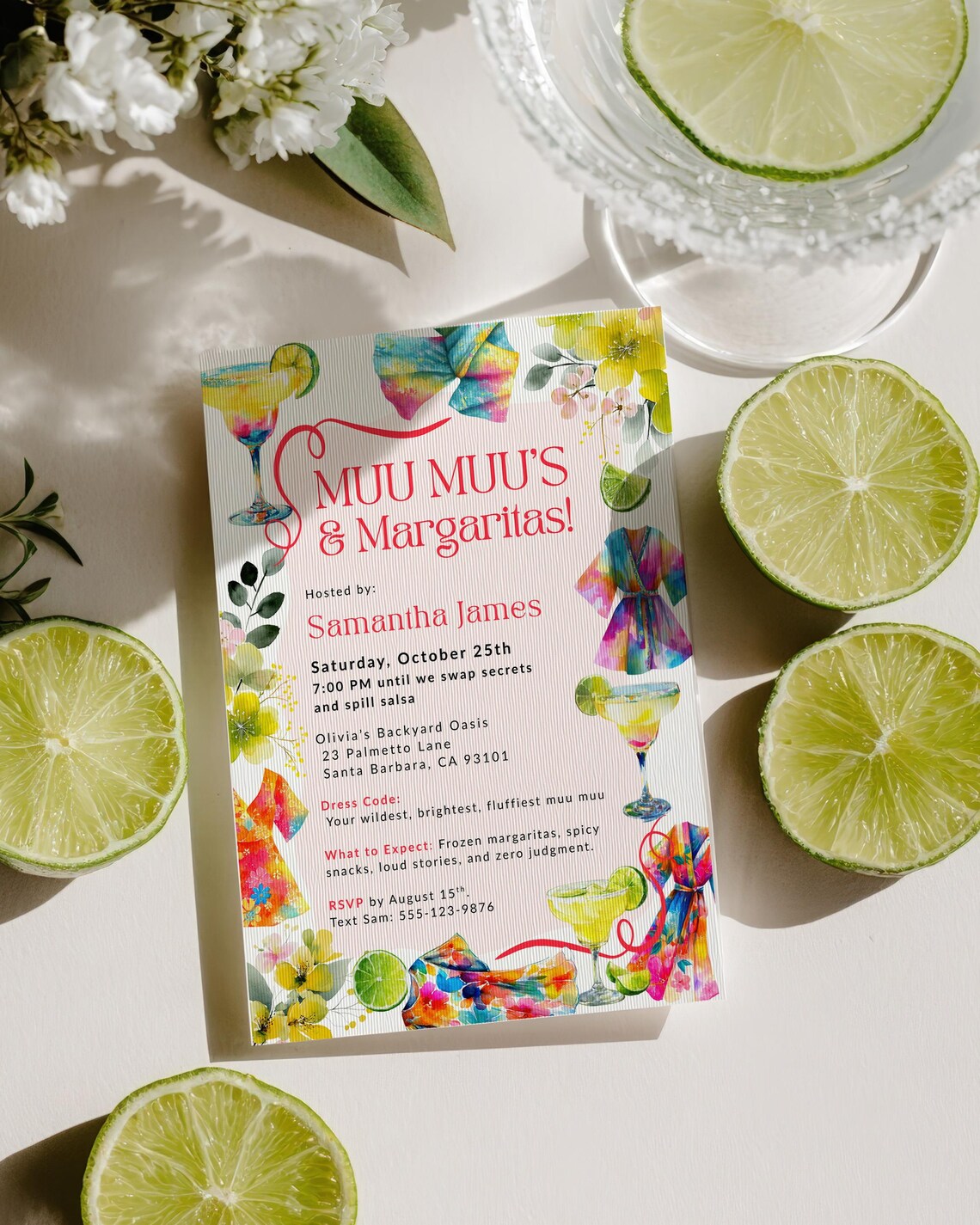 Pink Muu Muus & Margaritas Party Invitation Evite, Girls Night Hawaiian ...