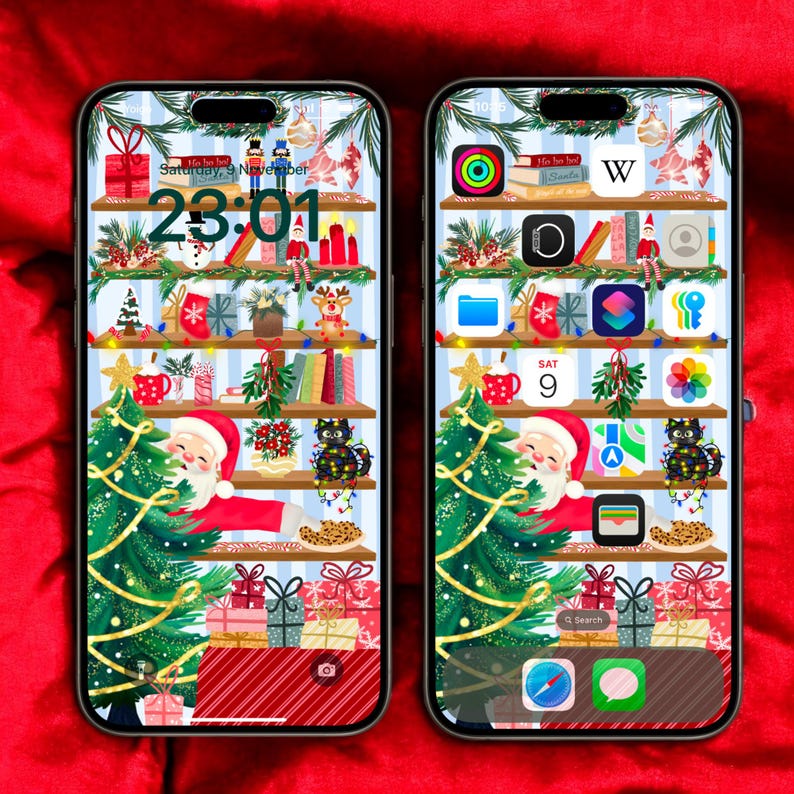 Christmas Bookshelf iPhone Wallpaper, Large Icons | Ios 18 Digital ...