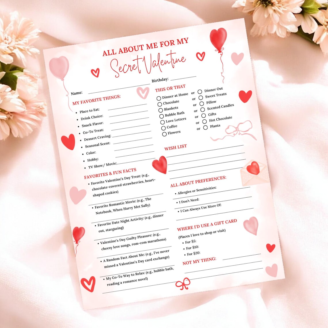 Secret Valentine Questionnaire: Printable Love Form, Gift Exchange ...